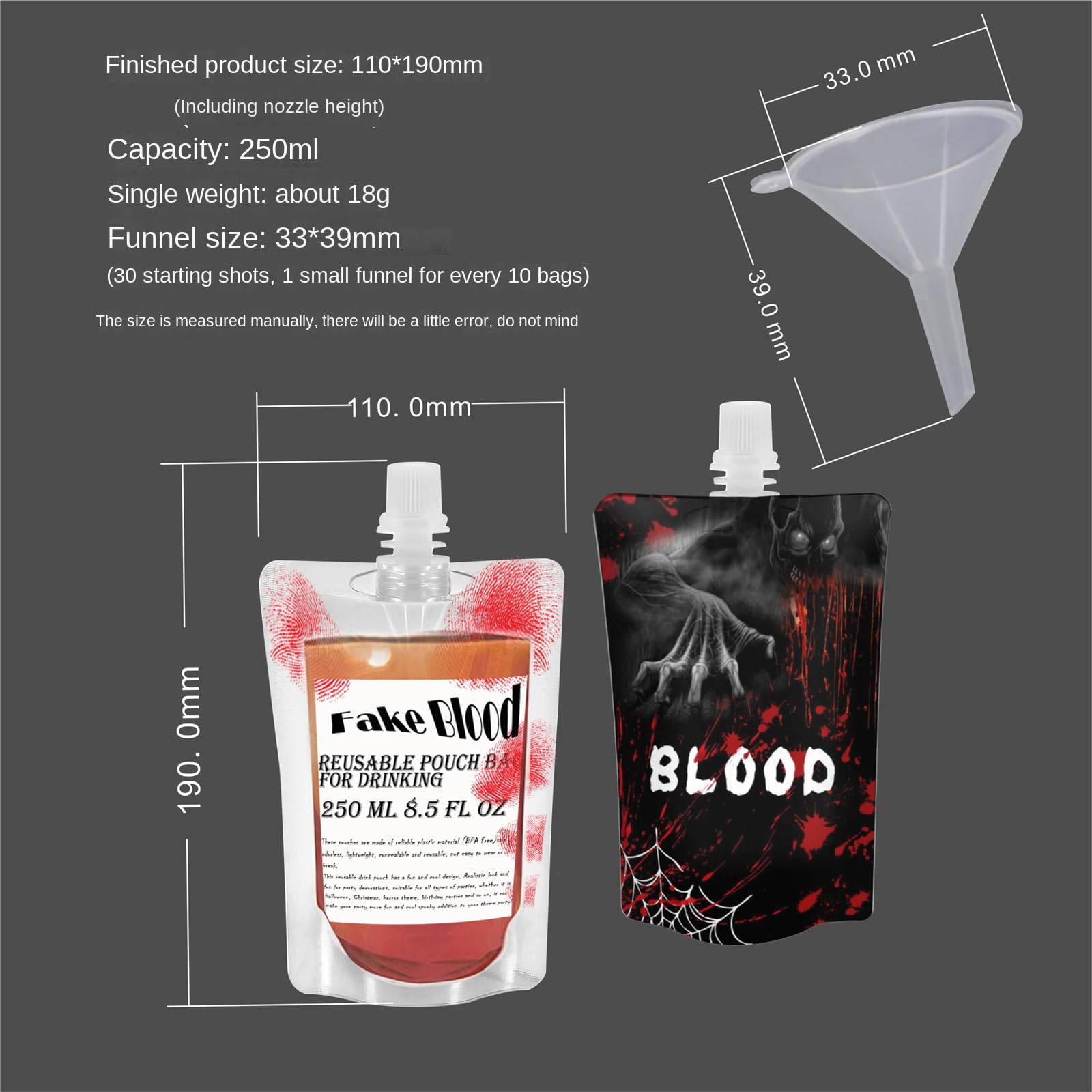 20 Pieces Halloween Fake Blood Bag,8.5oz Anti-Leak Bags with Cap,Drink Pouches,Party Decorations ,Christmas Vampire Hospital Nurse Zombie Theme Props ,with 2 Funnels,Reusable Food Grade