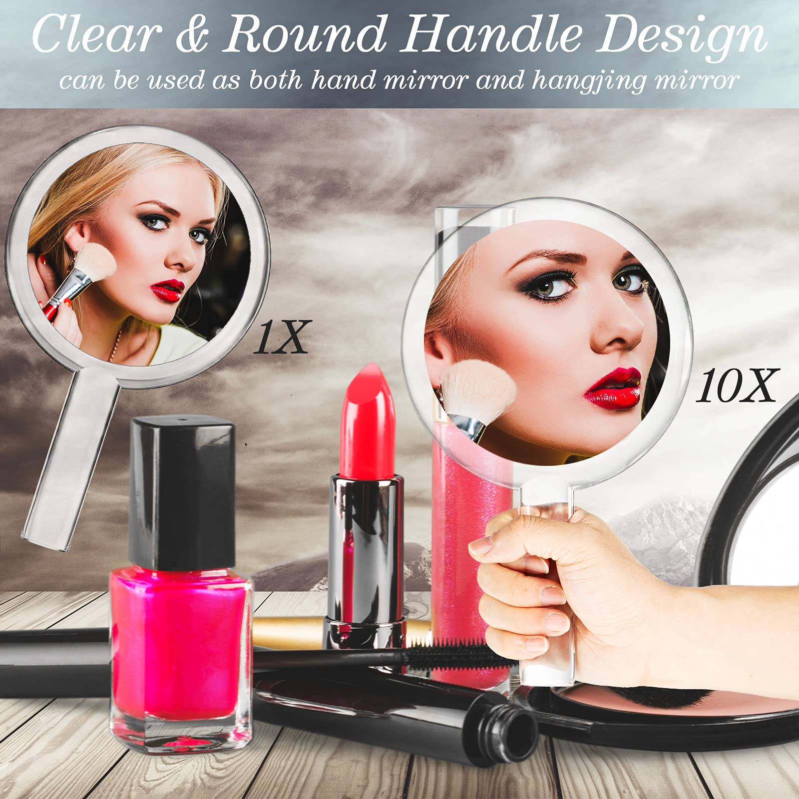 Queekay Double-Sided Handheld Mirror with Stand, 1X/10X Magnifying Mirror, Clear Adjustable, Round Shape, 25.8 x 15 cm