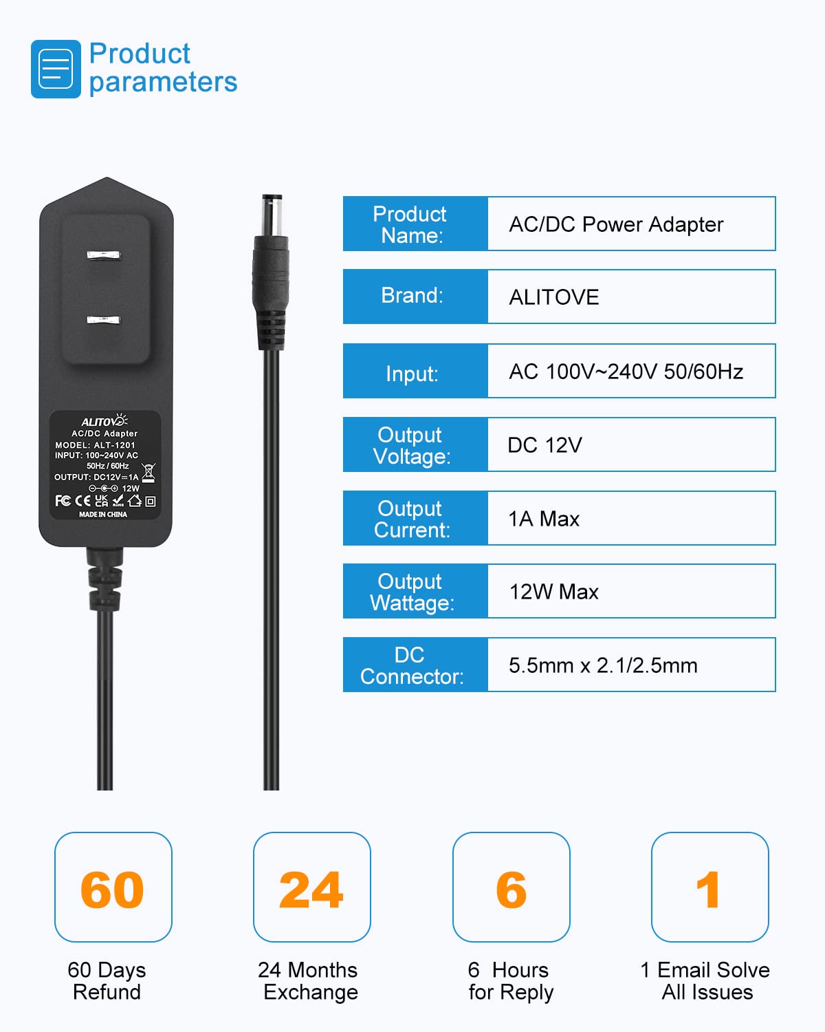 ALITOVE DC 12V 1A Power Supply 1000mA 12W AC/DC Adapter, 100~240V AC to DC 12 Volt 1 Amp 0.6A Converter with 5.5 x 2.5mm 2.1mm Plug for LED Strip Light CCTV Security Camera DVR NVR Surveillance System