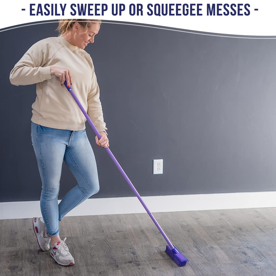 Don Aslett's Rubber Broom (12") and Hand Brush (10") Set | 59-inch Steel Pole | Multipurpose Synthetic Rubber Bristles Cleans Pet Cat or Dog Hair, Liquid Spills on Concrete & Hardwood Surface (Blue)