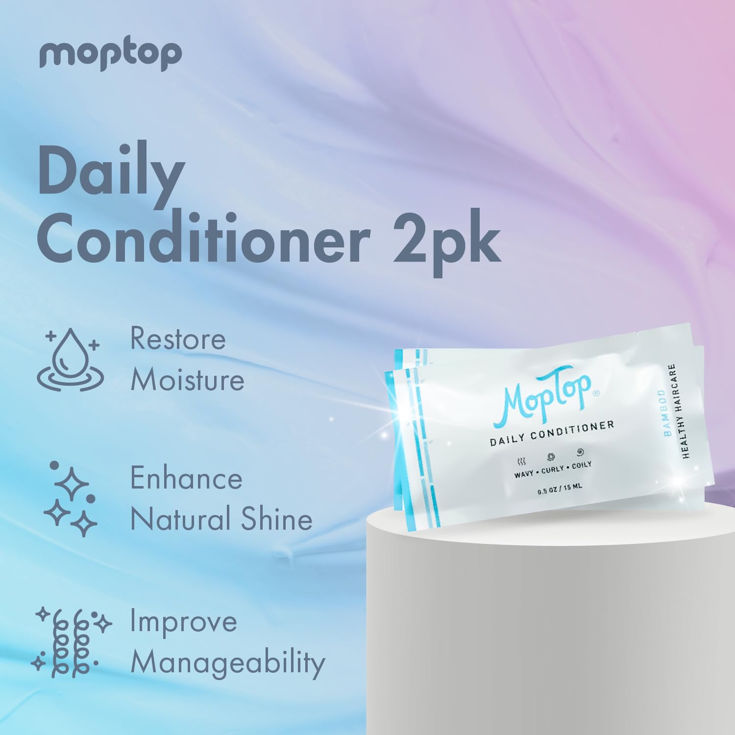 MopTop Trial Travel Sample Size Bundle, 2 each Bamboo Gentle Shampoo, Bamboo Daily Conditioner, Bamboo Essence Leave In Conditioner and Citrus Kumquat Curly Hair Custard Styler, 0.5oz sample packets