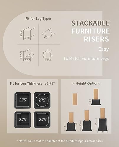 Affogato Bed Risers (Pack of 16) Adjustable Furniture Risers Lift Heights 2, 3, 4 or 5 Inch Heavy Duty Lifts Up to 5,000 lbs Bed Lifts Risers for Bed Frame Sofa Couch Desk and Table, Black