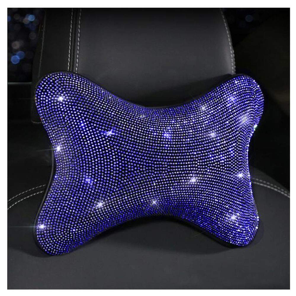 HappyERA 1 Pack Bling Rhinestone Headrest Pillow, Crystal Diamond Car Seat Head Neck Support Cushion for Girls Women, Car Decor Bling Accessories - Blue