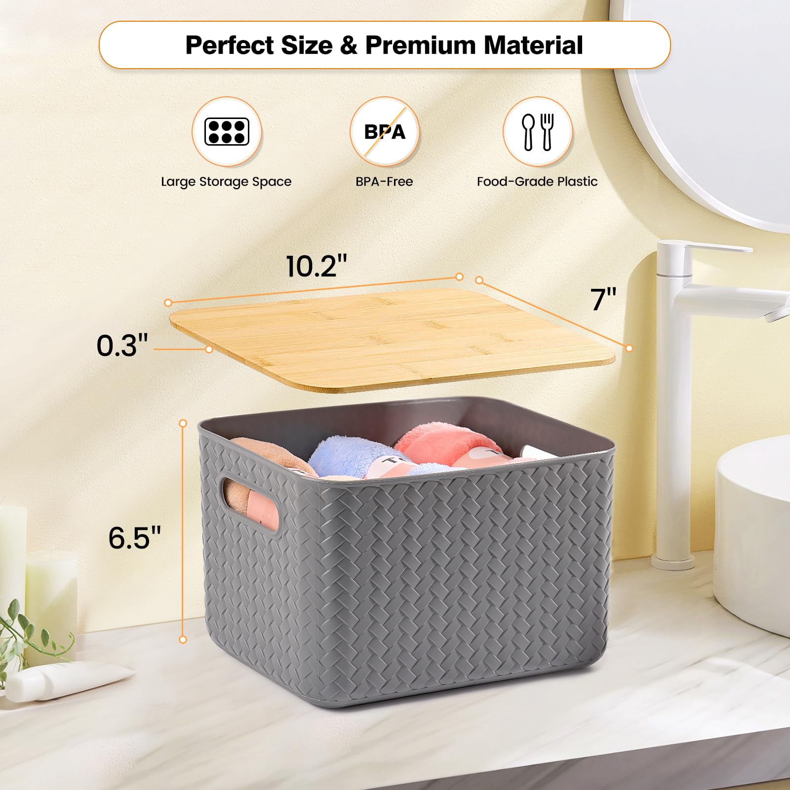 2 Packs Storage Bins with Bamboo Lids - Plastic Storage Containers with Lids Stackable Storage Box:Storage Baskets for Organizing Desktop Closet Playroom Classroom Office,10.2 x 7 x 6.5 inch,Gray