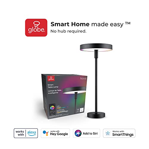 Globe Electric 67240 Wi-Fi Smart Table Lamp, Satin Black, No Hub Required, Voice Activated, 7 Watts, Multicolor Changing RGB, Tunable White 2000K - 5000K, 400 Lumens, 50,000 Hours, 80 CRI