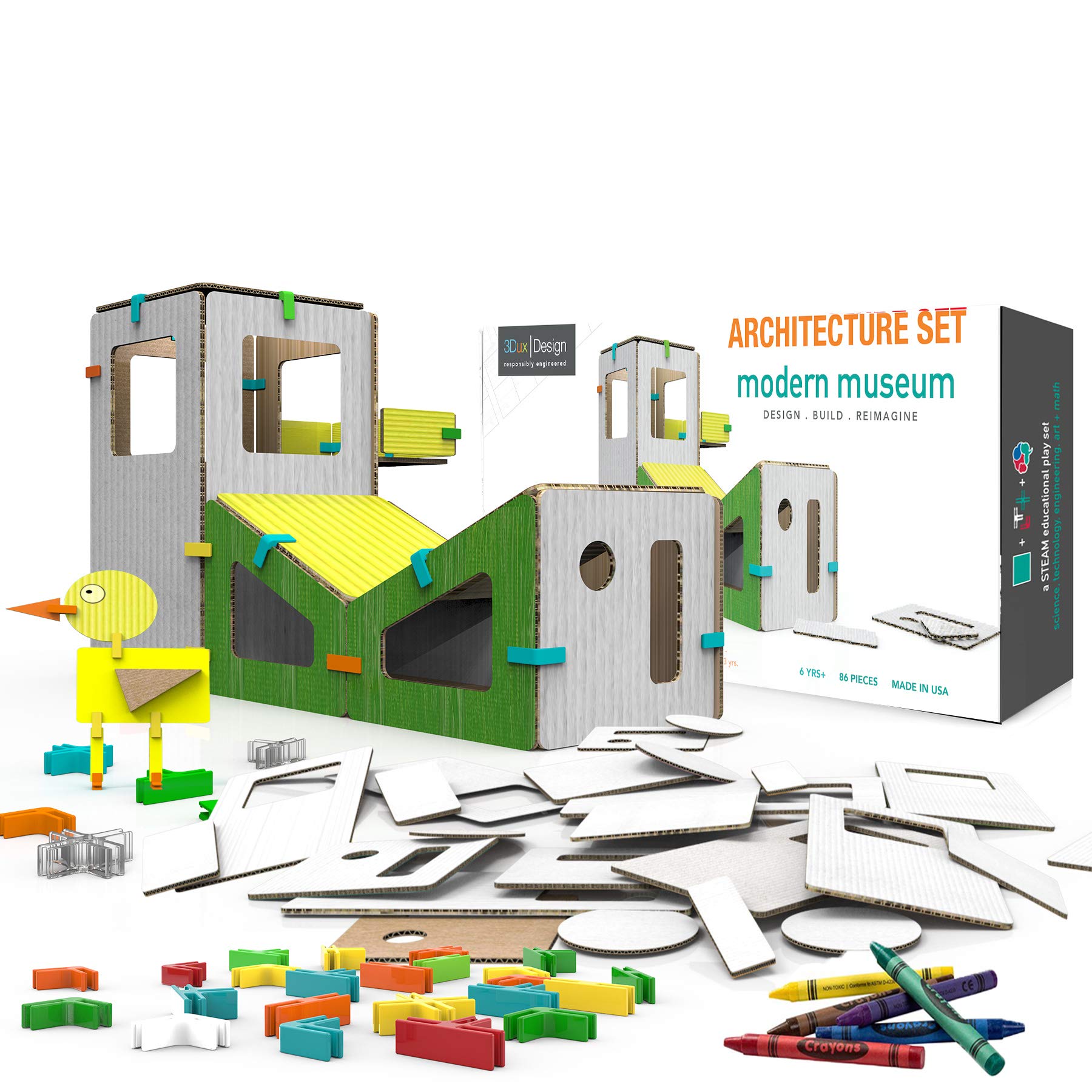 3DUX DESIGN Modern Museum Architecture Set. STEAM Toy for Early Education. Design, Build, Decorate with 86 Easy to Assemble and Reusable Pieces. Construction, Building and Open-Ended Play