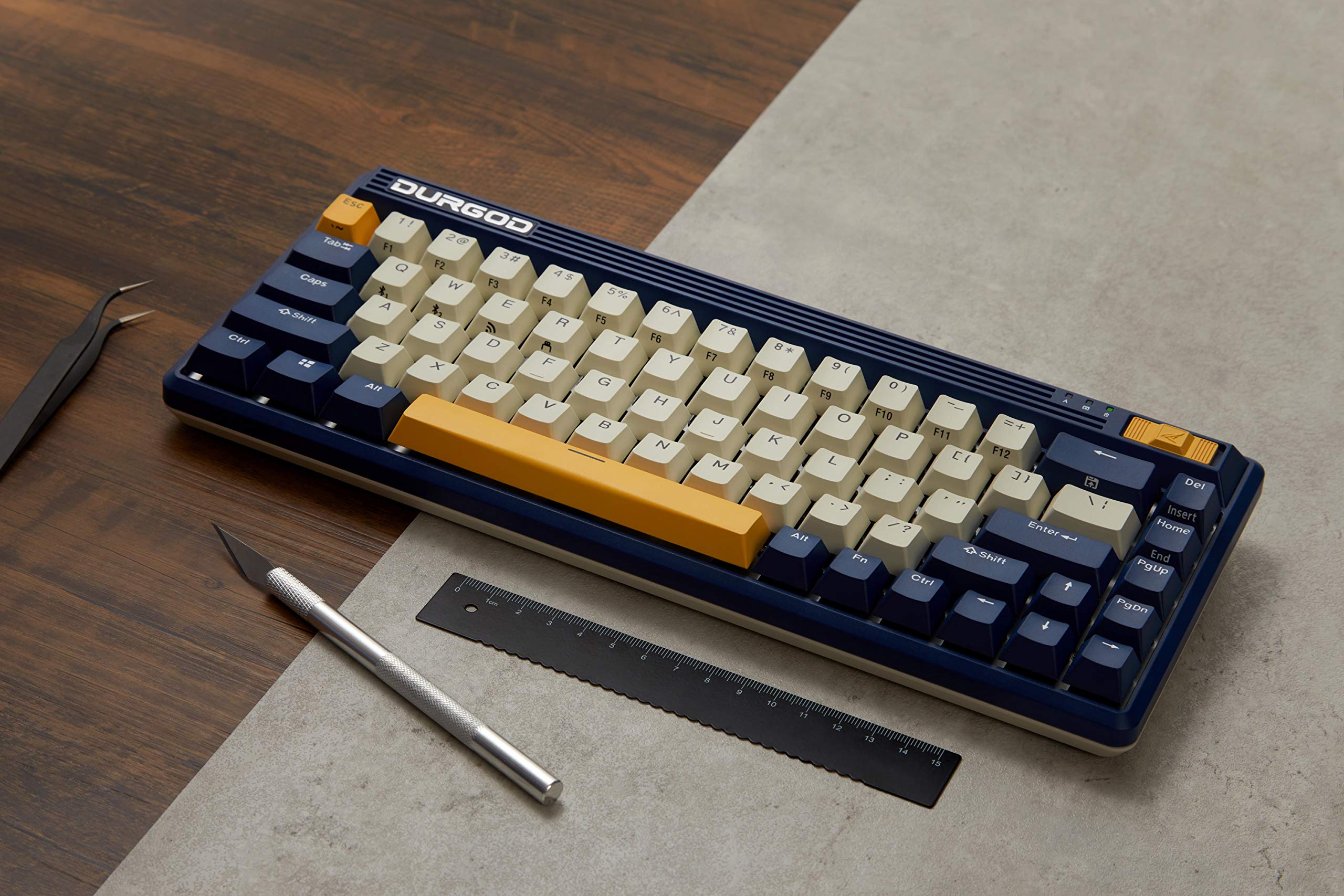 DURGOD Fusion Mechanical Retro Keyboard | 65% Layout | Wireless 2.4 GHz, Bluetooth 5.0, USB C | Doubleshot PBT | Up to 40 Days Battery Life | Windows, Android, iOS (Cherry MX Brown, Navigator)