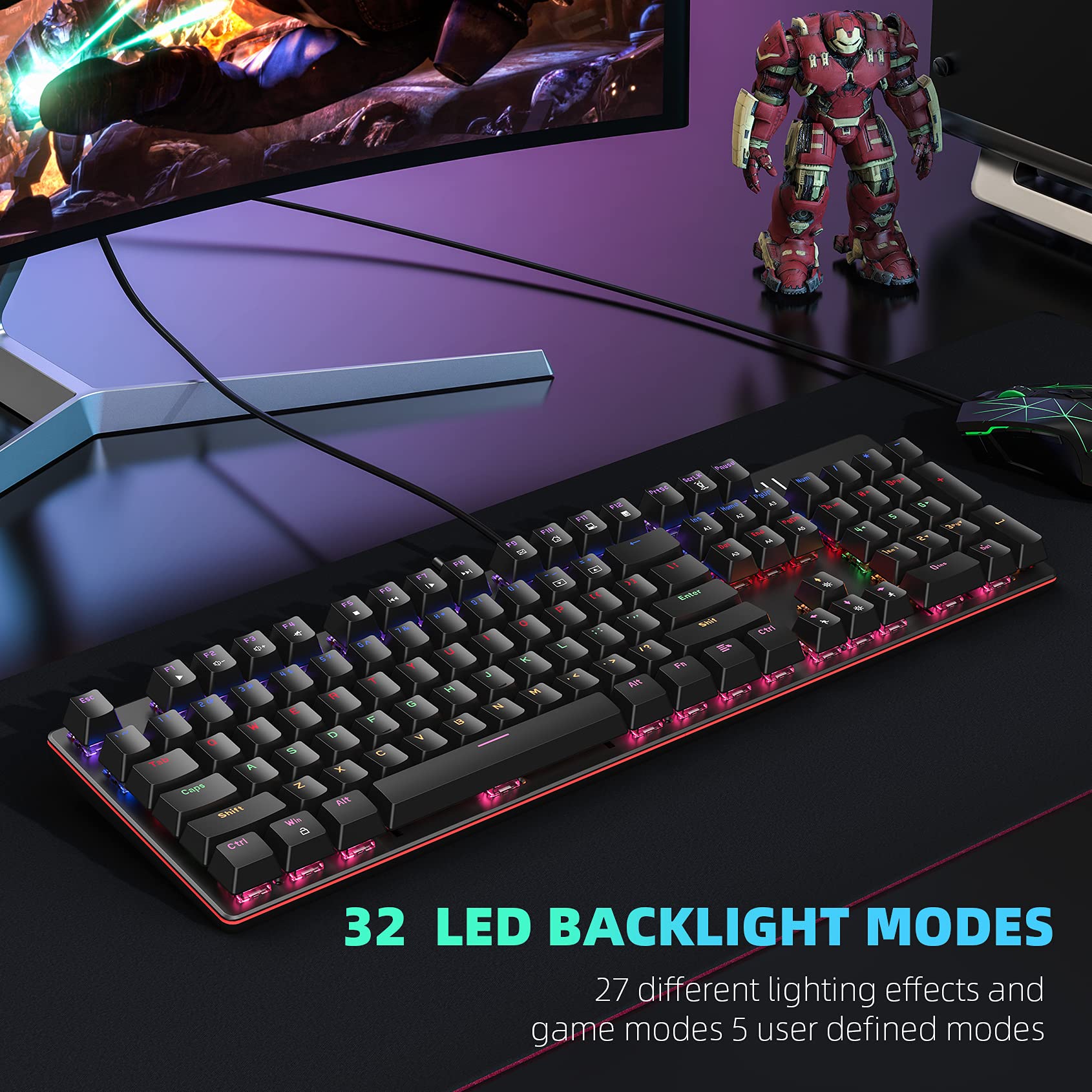 Xooec AK33-Pro Mechanical Gaming Keyboard RGB LED Rainbow Backlit Wired Keyboard with Blue Switch 100% Anti-Ghosting Keyboards for Windows Gaming PC/MAC