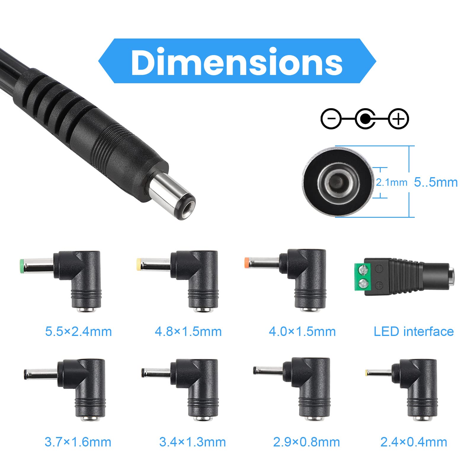 12V car Charger 5A - 18AWG dc in 12v Power Cord 5.5x2.1mm to Cigarette Lighter with 8 Connector for Massage Back Cushion,DVD Player, GPS, Bluetooth Speakers 5FTCable Black