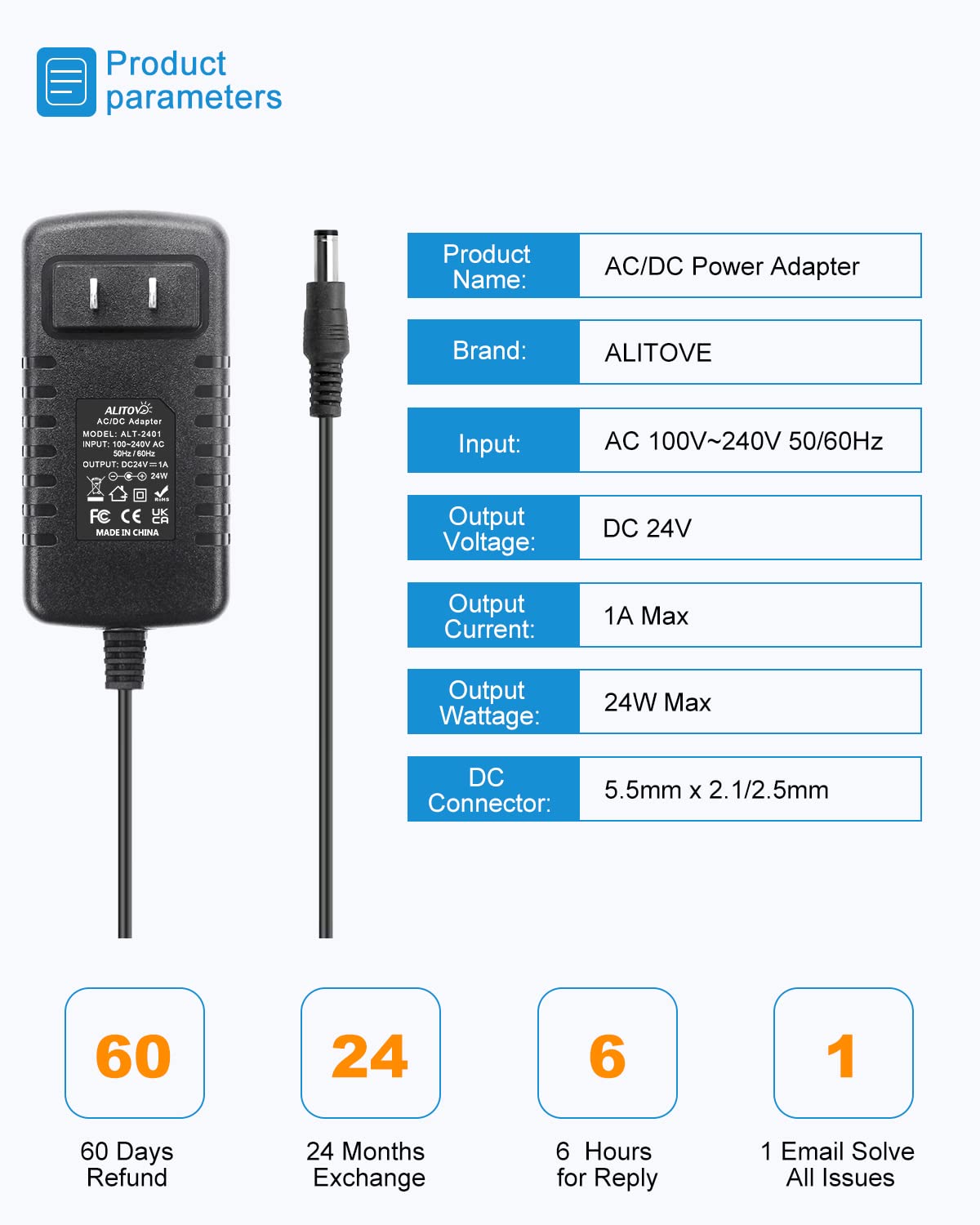 ALITOVE 24V 1A 24W DC Power Supply Adapter 100~240V AC to DC 24 Volt 1 Amp Converter 24 vdc 1000mA 800mA 600mA 400mA 200mA with 5.5mm x 2.5mm 2.1mm Plug for LED Strip Light CCTV Camera DC Pump