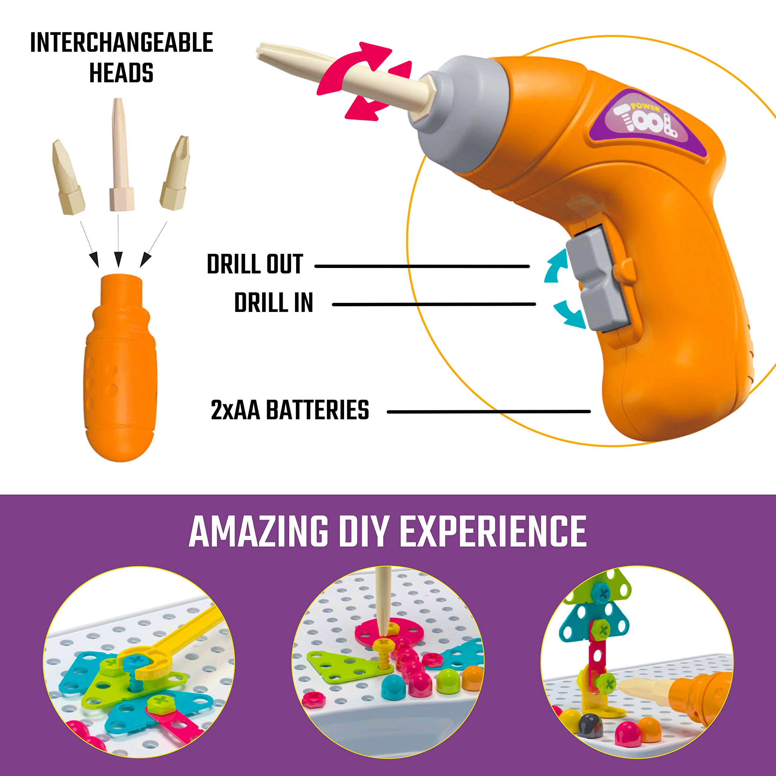 249 PCS STEM Learning Toys – Electric Drill DIY Educational Set, Creative Engineering with Various Shapes and 5 Toy Tools – 2&3D Mosaic Construction Kit for Toddlers, Boys and Girl Ages 3 4 5 6 7 8 9