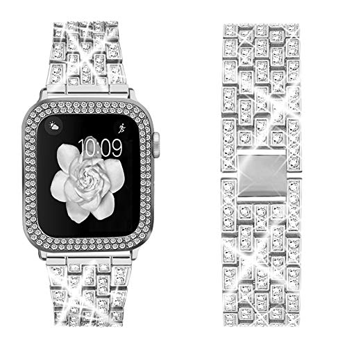 Bekomo Compatible for Apple Watch Band 45mm 41mm 38mm 40mm 42mm 44mm with 2 Pack Bling Crystal Diamonds Case Cover, iwatch SE Series 7 6 5 4 3 2 1 Bands for Women - (Silver 40mm)