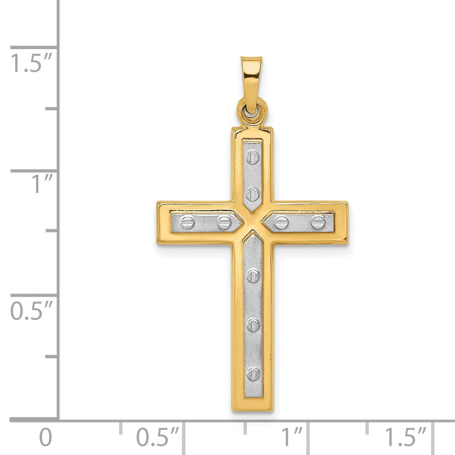 14k Yellow Gold Hollow Latin Cross Pendant With Rhodium Center And Rivet Style Accents 33 mm x 20 mm