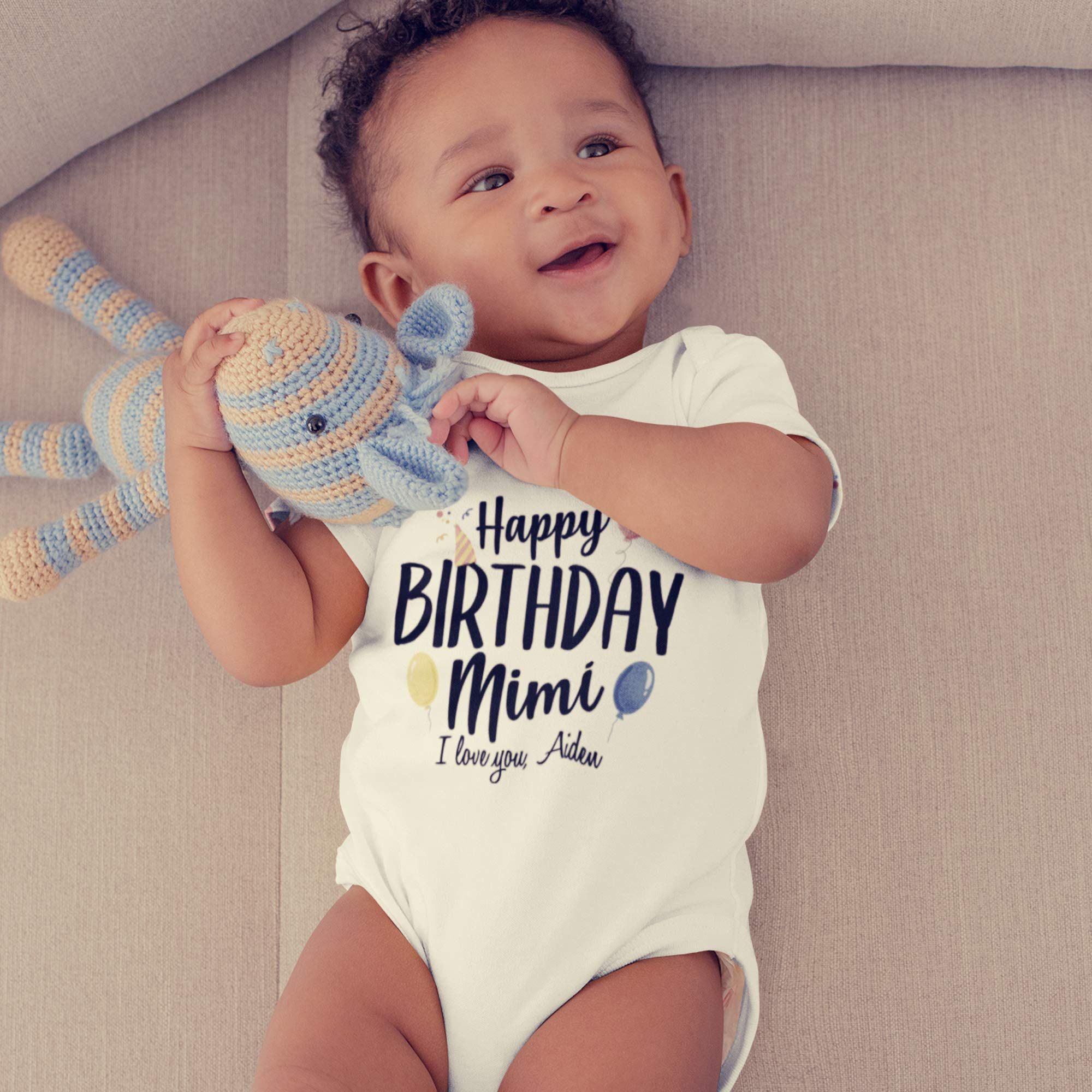 The Shirt Den Happy Birthday Mimi Baby One Piece 24 mo White