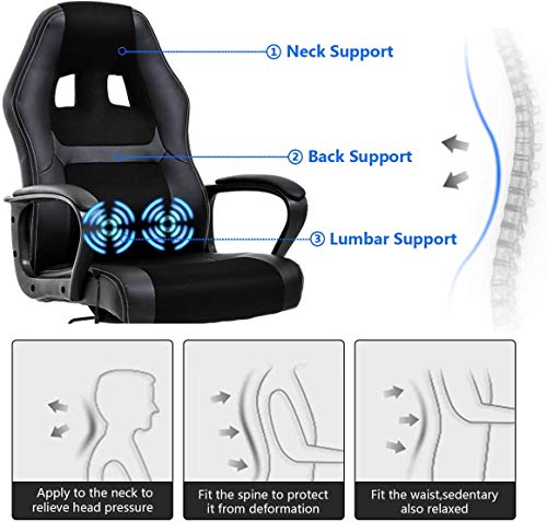 Gaming Chair Swivel Office Chair with Wheels Home Office Chair Ergonomic Computer Chair Desk Chair Rolling Executive Leather Task Chair Adjustable with Arms Mid-Back Stool for Back Problem (Black)
