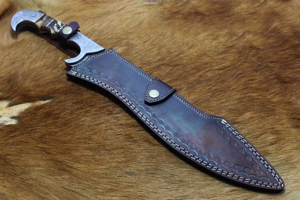 16" Long hand forged rain drop pattern Damascus steel Hunting Bowie Knife, Natural Ram horn scale with Damascus bolster and finger guard, Cow Hide Leather sheath with belt loop included