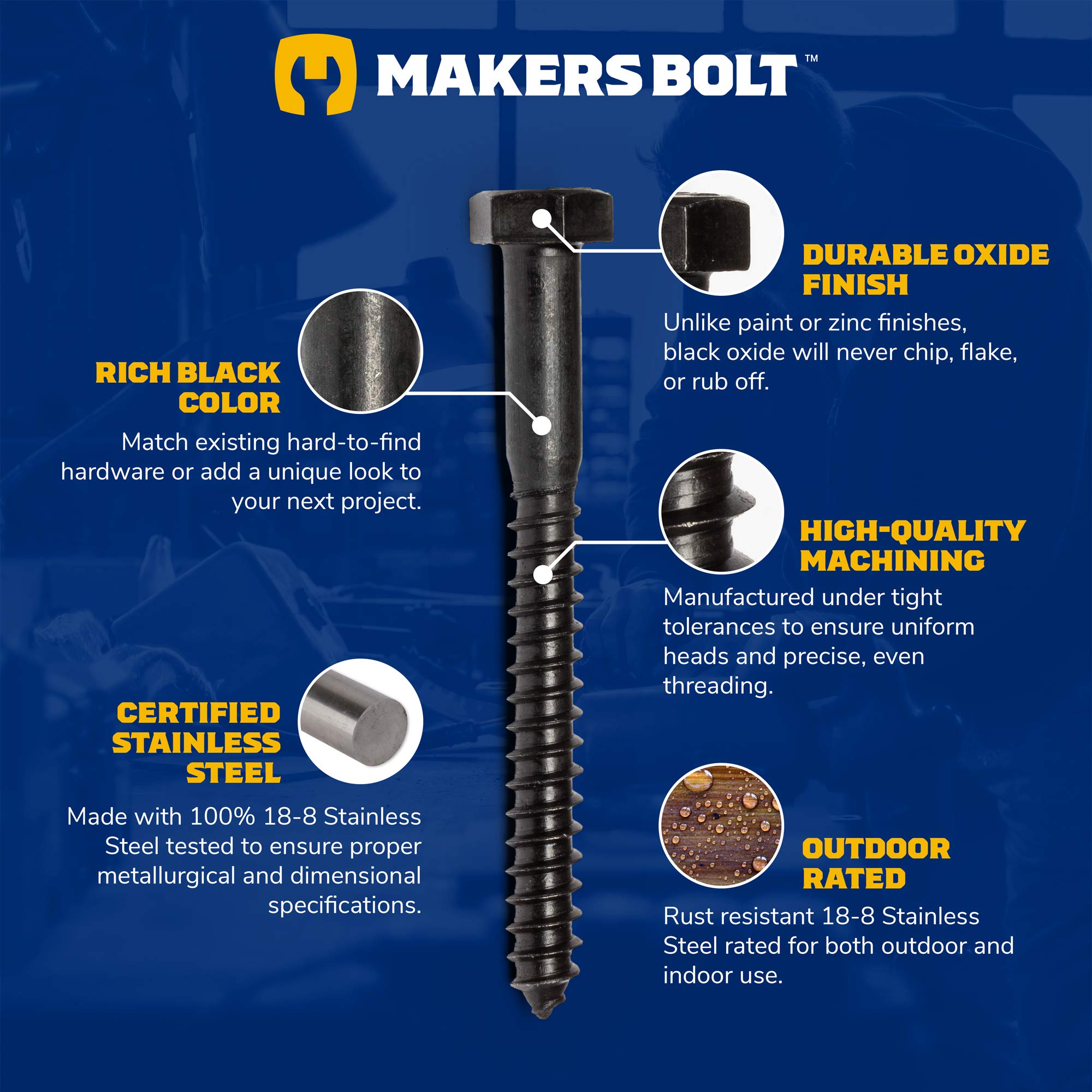 Stainless Steel Black Lag Bolts 5/16" x 2-1/2" Hex Lag Screws (10 pcs) 18-8 Stainless Black Oxidized in USA