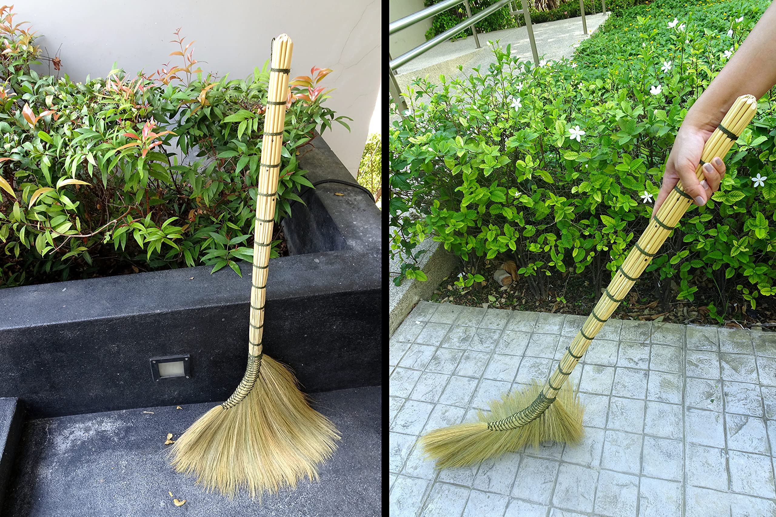 Handmade Asian Thai Broom Thick Natural Grass Brush & Handle Broomstick in Vintage Viet Whisk Straw Design