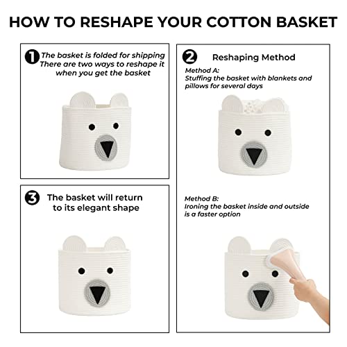 CherryNow Bear Basket, Cotton Rope Basket, Woven Laundry Hamper, Toy Storage Bin for Kids, Clothes in Bedroom, Baby Nursery & Living Room, 10'' (H) x 12'' (D)