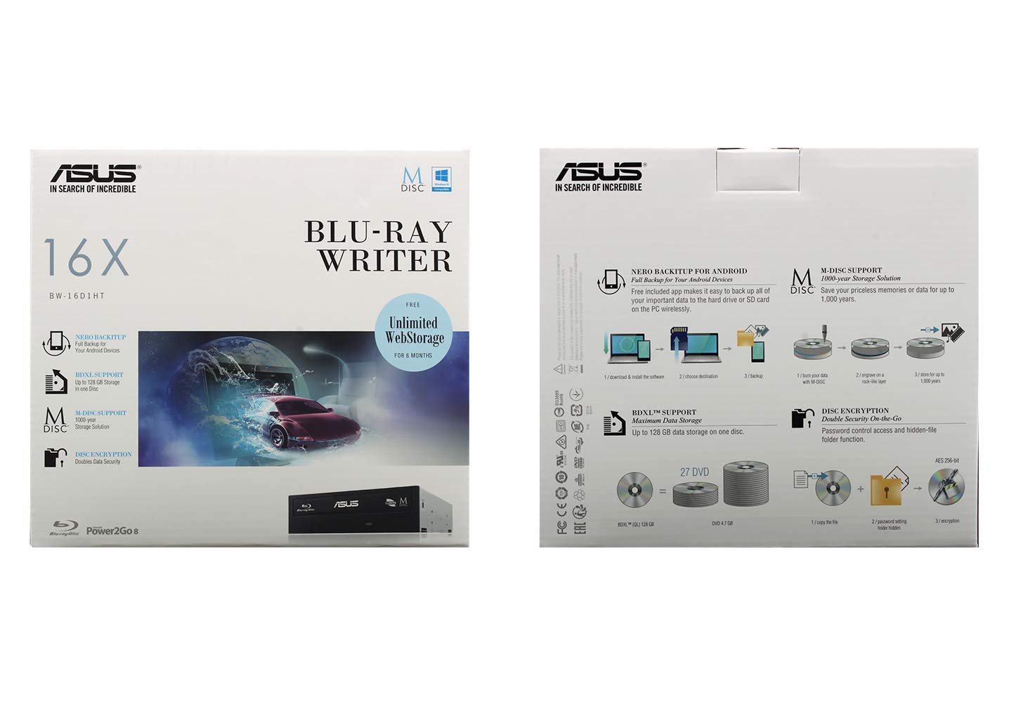 ASUS 16X -BW-16D1HT Internal Blu-ray Burner Bundle with 100GB Verbatim M-Disc BDXL, BD Suite Disc and Cable Accessories