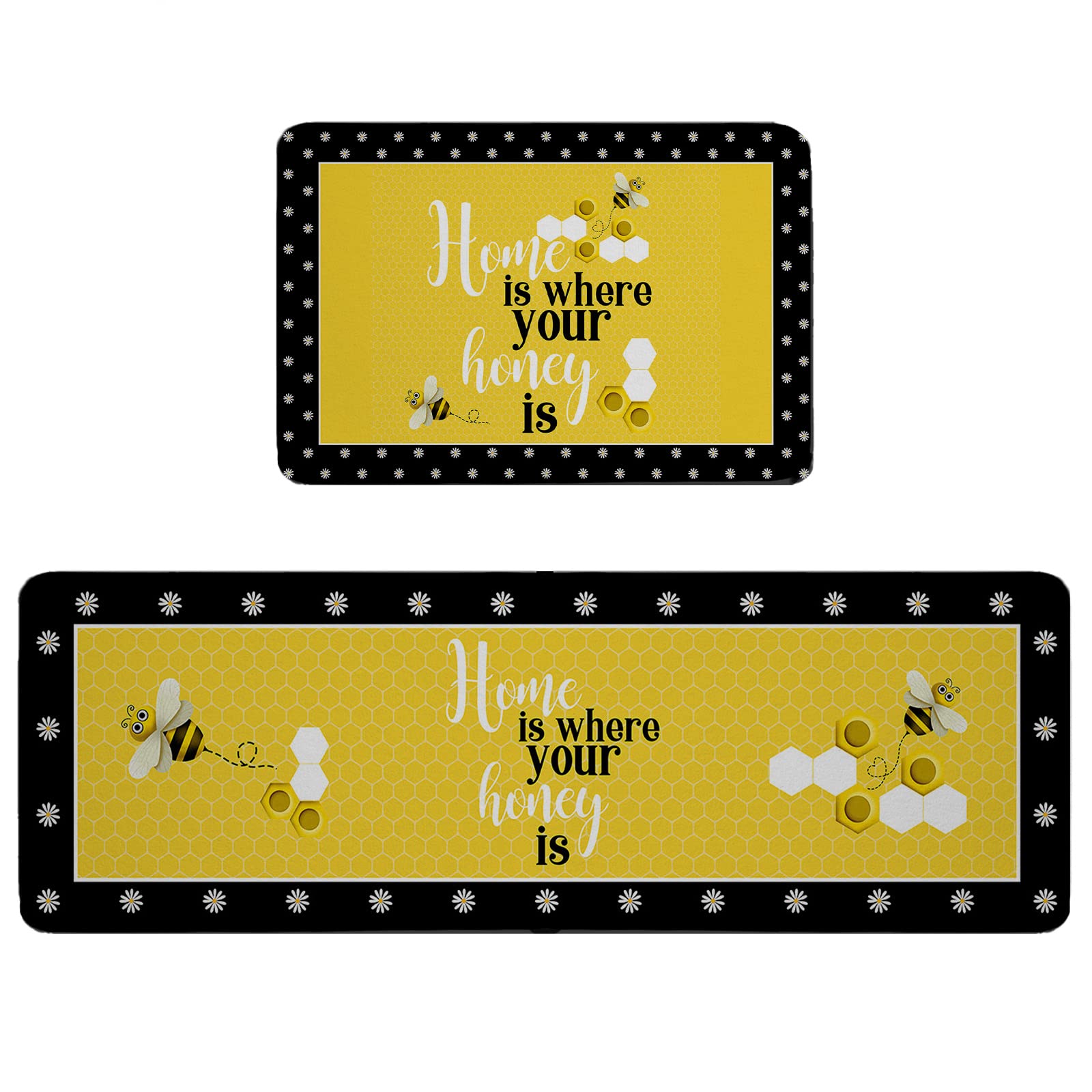 2 Pieces Kitchen Rugs Set Idyllic Bumble Bee Daisy Flower Yellow Back,Water Absorbent Soft Doormat Area Runners Summer Farm Honeybee Floral,Non-Slip Bath Mat for Entryway Bathroom Laundry