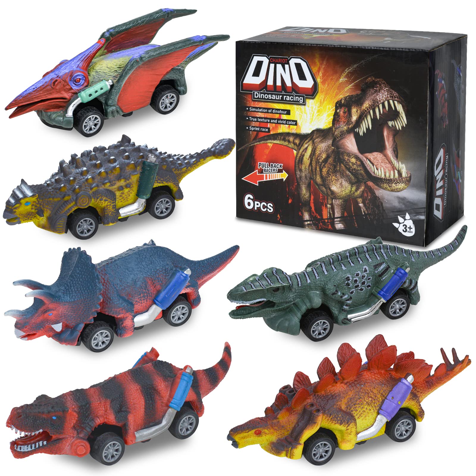 6 Pack Dinosaur Cars, Toys for 3-5 Year Old Boys | Dinosaur Toys for Kids - Dino Toy Cars with Dinosaur Monster Car & Truck Bulk, Boys Toys Toddlers Kids Gifts