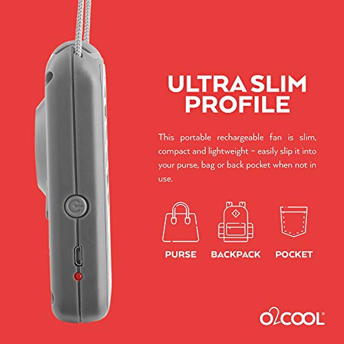 O2COOL Rechargeable Necklace Fan - Portable Hanging Neck Fan with Adjustable Lanyard - 3 Speed Vertical Air Flow β Micro USB Charging Cable Included (Grey)