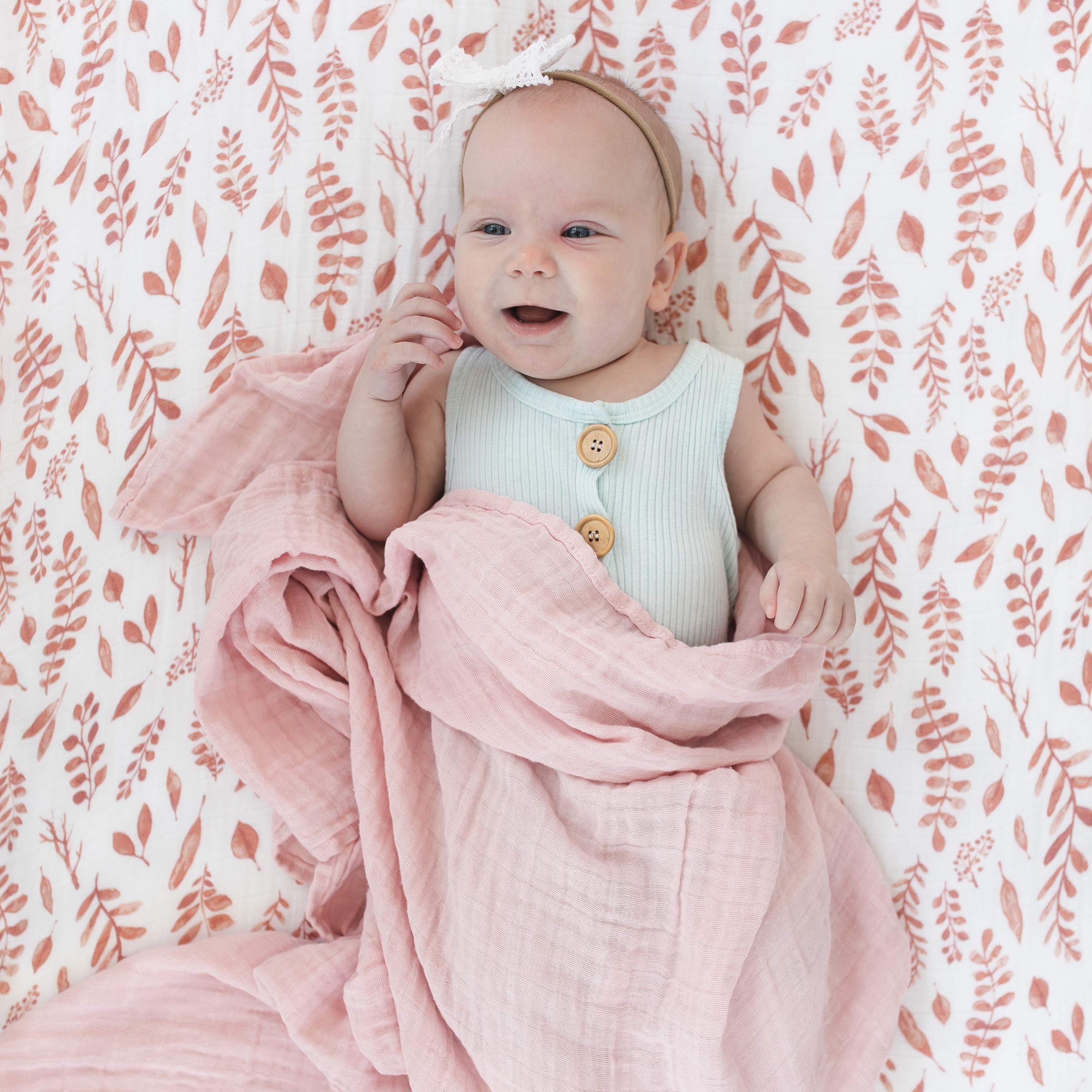 Bebe au Lait Classic Muslin Crib Sheet, 100% Cotton Muslin, Fits Standard Crib Mattress - Pink Leaves