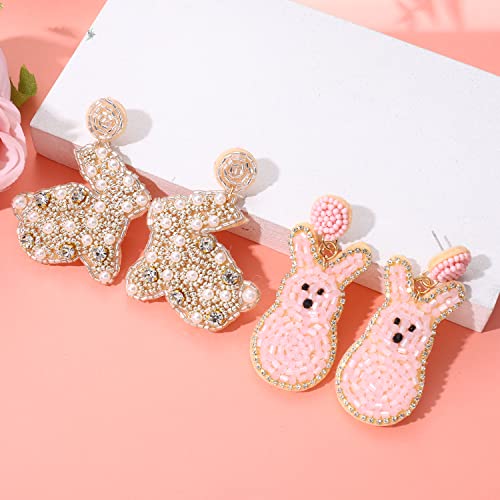 2 Pairs Easter Earrings for Women Beaded Easter Egg Bunny Earrings Letter HAPPY EASTER Earrings Cute Rabbit Dangle Earrings Spring Holiday Jewelry Gifts (Style C)