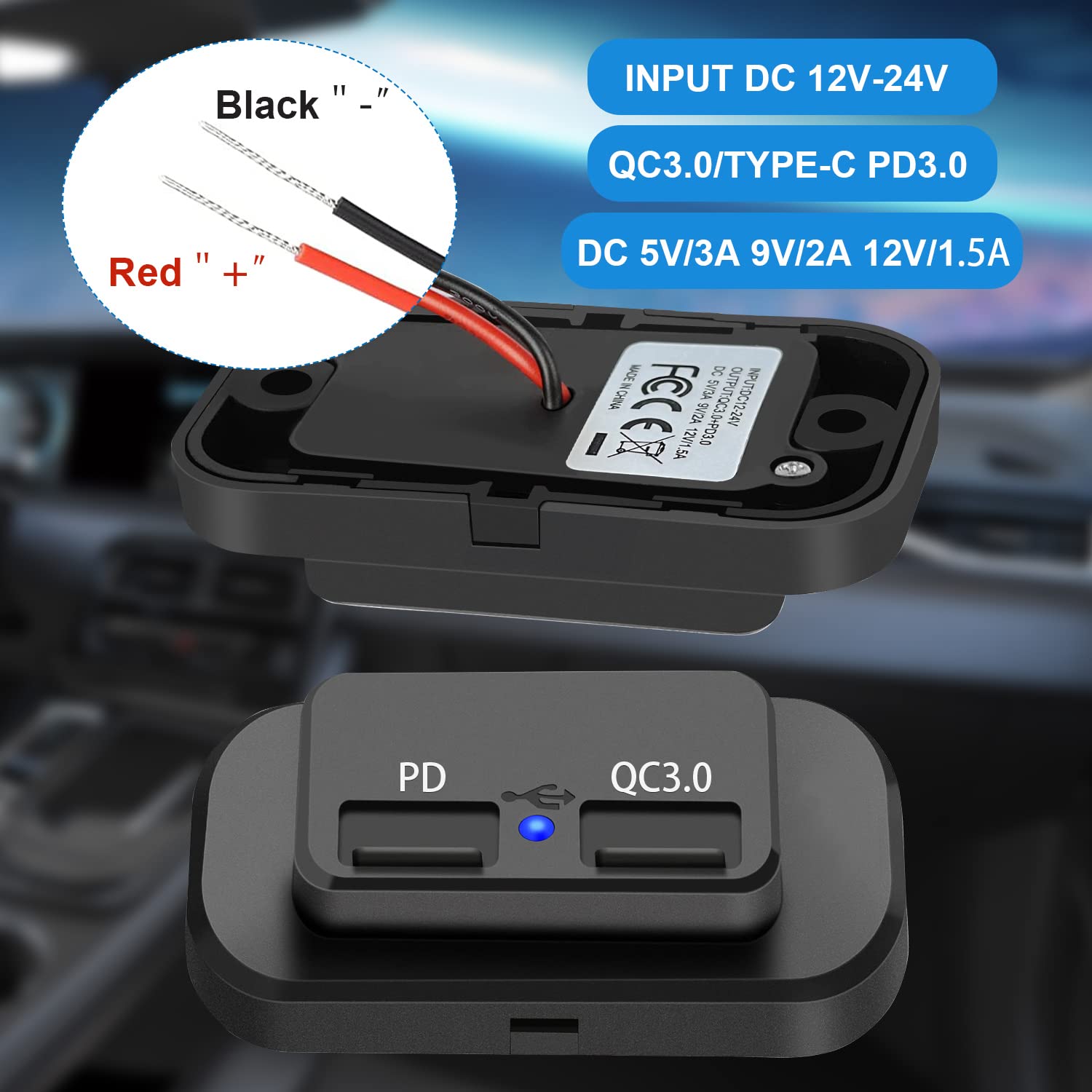 12V USB Outlet 12V Switch Panel with Type C and QC3.0 USB Car Charger Socket Power Outlet, Panel Mount Dual Port 12V 24V Quick Car Charger for Cars Bus ATV RV Boat Truck,2 PCS