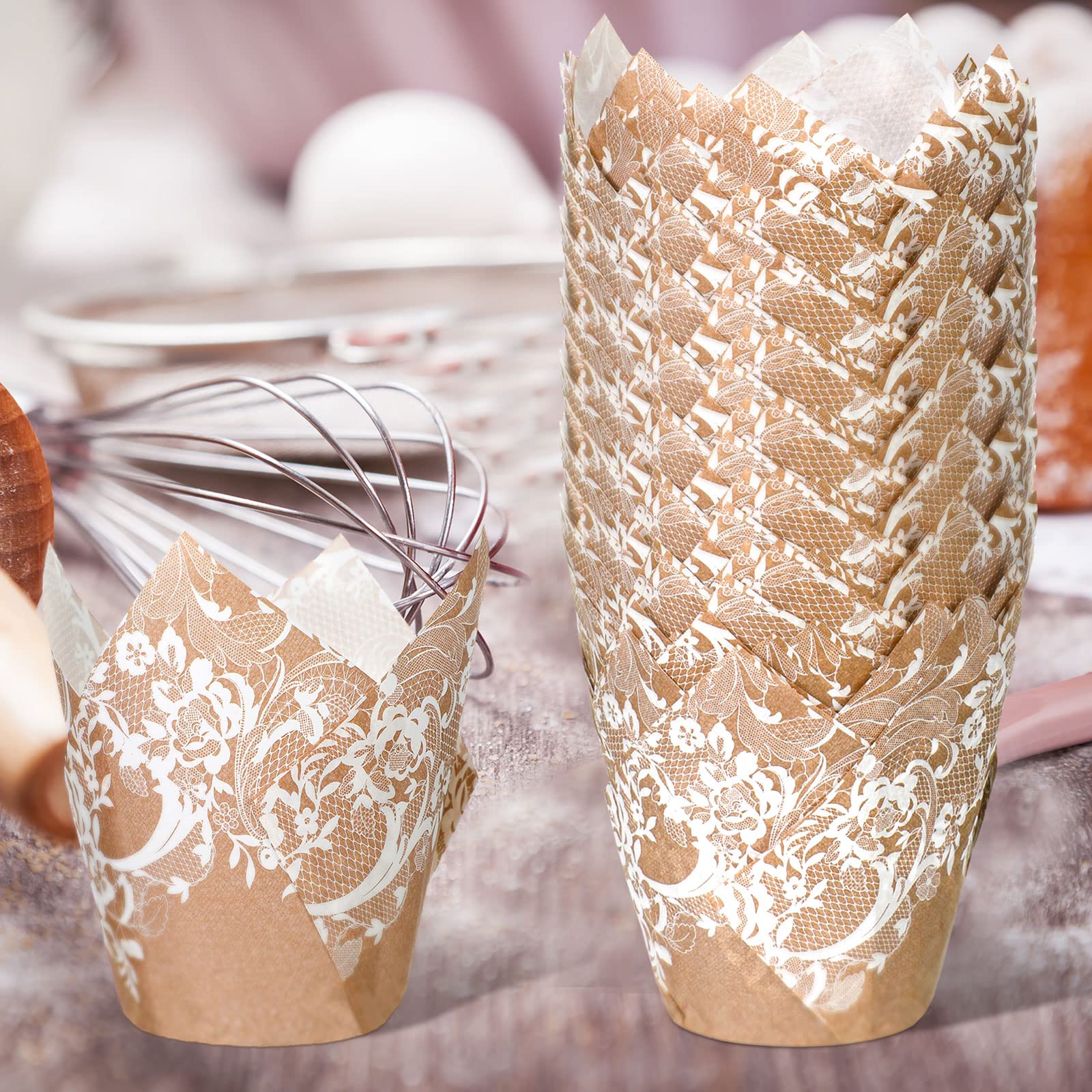 200 Pcs Wedding Tulip Cupcake Liners Bridal Shower Muffin Liners Baking Cups Greaseproof Paper Cupcake Wrappers Cupcake Holders for Party Wedding Girls Birthday Decoration (Lace)