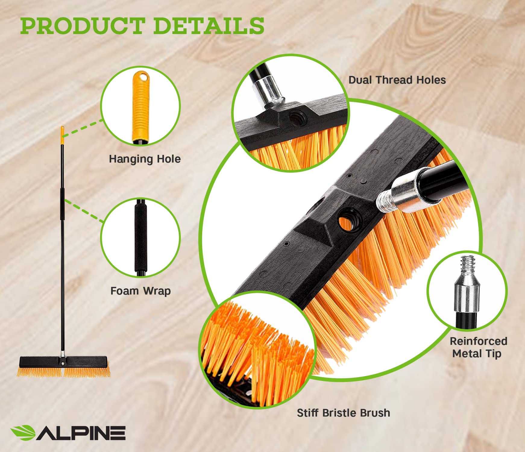 Alpine Industries Push Broom Heavy Duty Smooth Surface Broom Deck Scrubber Long Handle Commercial Floor Scrub Broom Cleans Dirt, Debris, Sand, Mud, Leaves and Water (Yellow, 18 in)