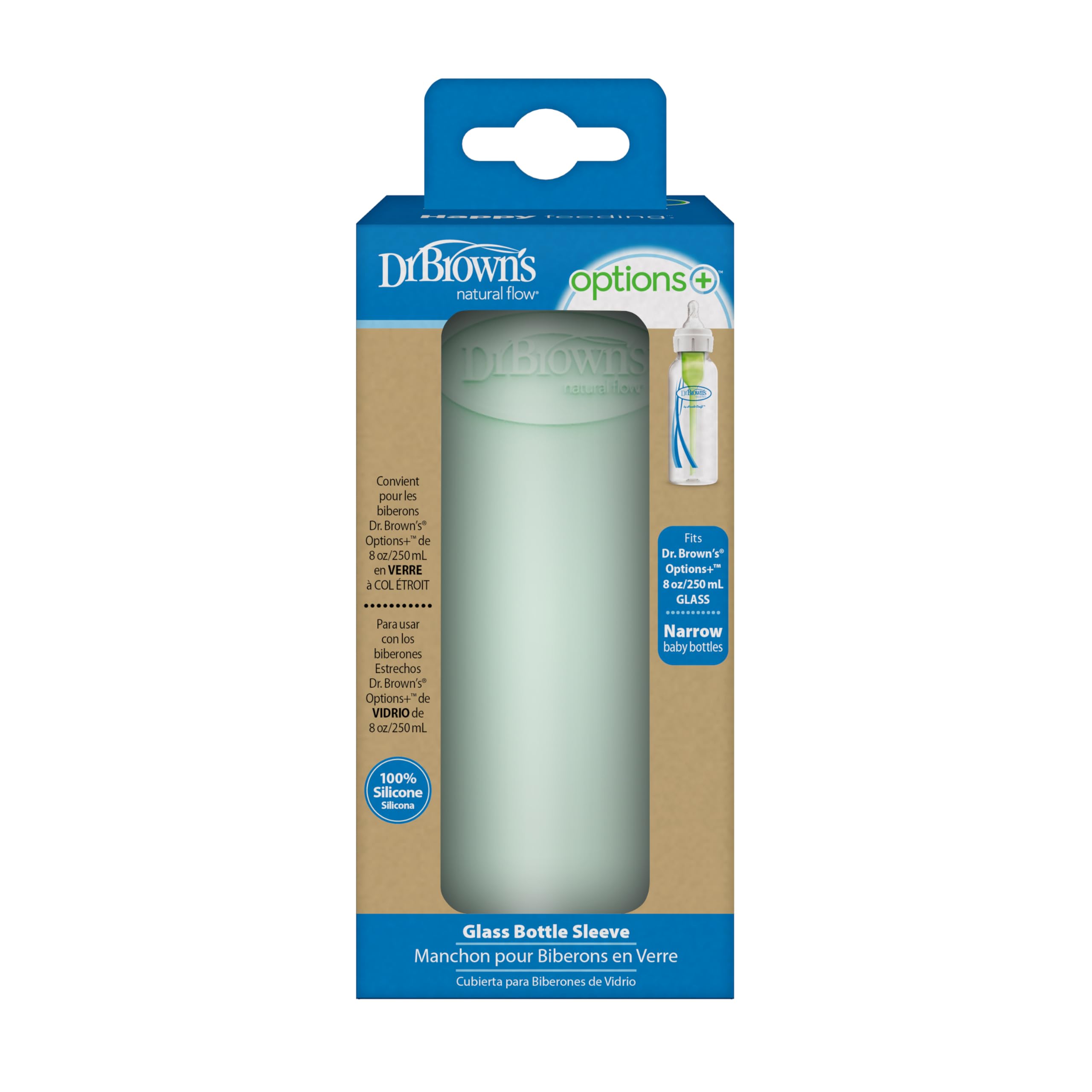 Dr. Brown's Natural Flow Options+ Glass Baby Bottle Sleeves,100% Silicone,8 oz,Narrow,Mint