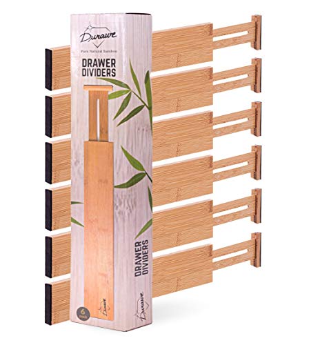 Bamboo Drawer Dividers Organizers 6-pack (12"-17") Adjustable Spring Loaded Drawer Divider Expandable Drawer Organizer Utensil Separators for Kitchen, Bedroom, Dresser, Office, Baby Drawers, Closet