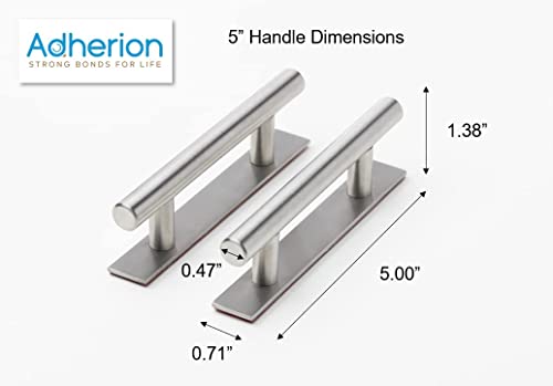Adherion Adhesive Cabinet Stick On Door Handles 5" | No Drilling Stick On Handle for Drawers Doors Wardrobes Windows | 3M Handle Adhesive | 2 Pack Brushed Nickel | All Metal Stick On Cabinet Handles |