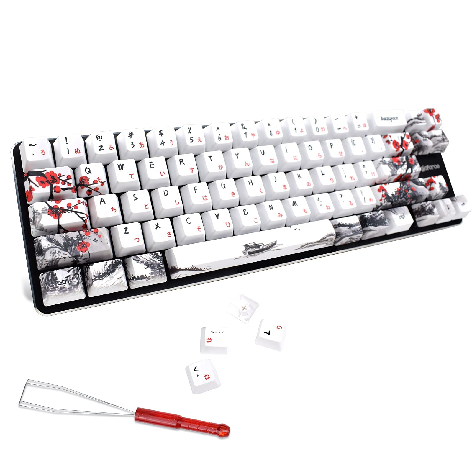 MOLGRIA Keycaps 71 Set for Gaming Mechanical Keyboard, Custom PBT OEM Profile Key caps Japanese Font with Keycap Puller for Cherry MX 71/61 60 Percent Keyboard(Plum Blossom)