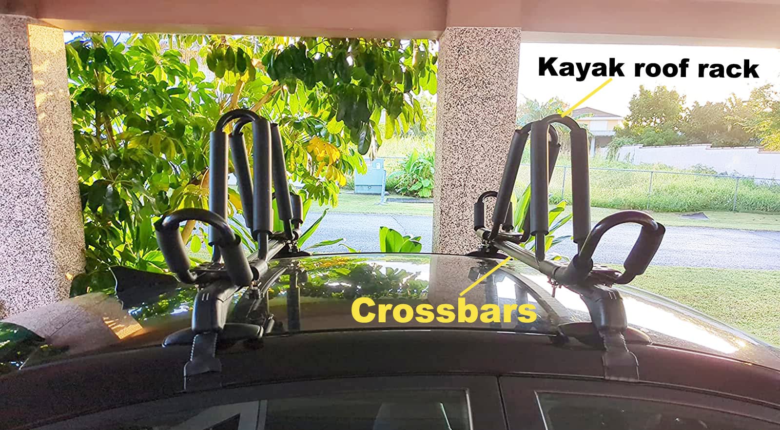 2 Pairs Kayak Rack J-Bar Car Roof Rack for Canoe Carrier SUP Paddle Surfboard Mount on Car SUV and Truck Crossbar, Includes 4 Pcs Roof Rack Tie Down Cam Straps.