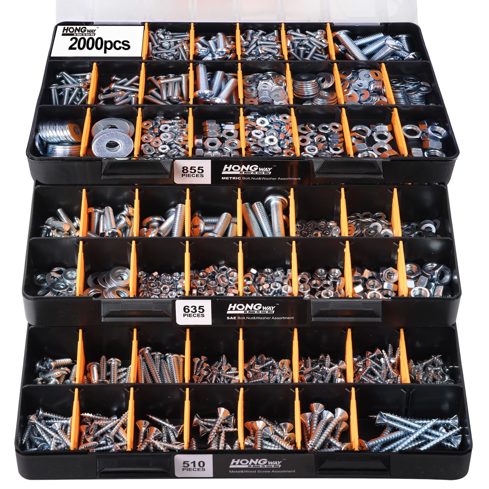HongWay 2000pcs Hardware Assortment Kit, Nuts and Bolts Assortment Kit with 64 Sizes Bolts, Nuts & Washers Assortment and Metal & Wood Screw Organizer (3 Trays)
