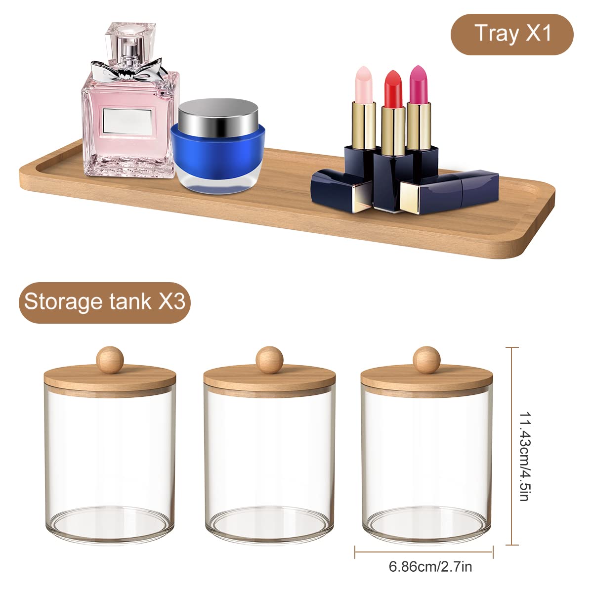 3Pcs Qtip Holder Dispenser, Apothecary Jars with Bamboo Lids, Clear Acrylic Bathroom Jars with Tray, Cotton Swab Storage Dispenser, Reusable Bathroom Canisters, Cotton Swab Holder Dispenser for Makeup