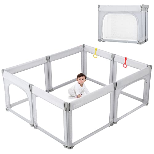 Adjustable Baby Playpen 71''x59'' Play Pens for Babies and Toddlers Foldable Baby Playards with Gate Large Baby Fence Play Area, Light Grey