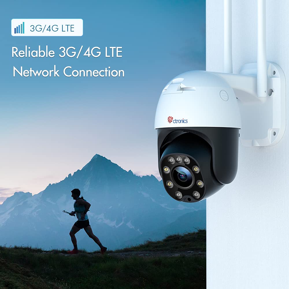 Ctronics 3G/4G LTE No WiFi Security Outdoor Camera with 30m Color Night Vision, 1080P PTZ 360° Digital Zoom Surveillance Camera Auto Tracking Human Detection Two-Way Audio IP66, SIM Card Included