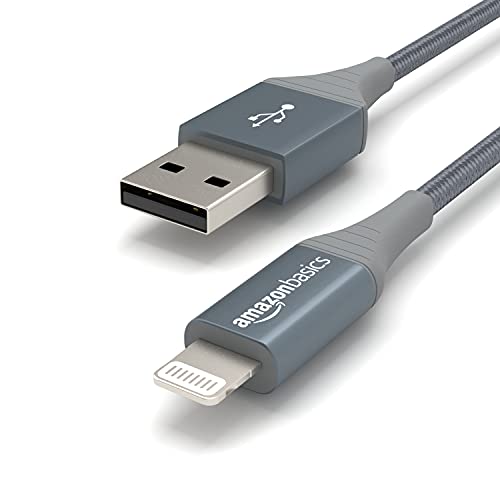 Amazon Basics USB-A to Lightning Charger Cable, Nylon Braided Cord, MFi Certified Charger for Apple iPhone 14 13 12 11 X Xs Pro, Pro Max, Plus, iPad, 10,000 Bend Lifespan, 6 Foot, Dark Gray