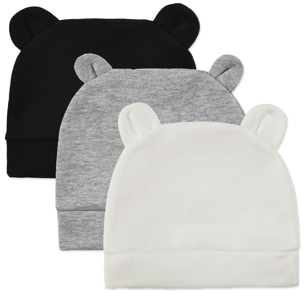 Exemaba Newborn Hats - Cute Infant Girls Boys Bear Ears Hospital Cap Unisex Baby Accessories for 0-3 Months(Black&White&Grey)
