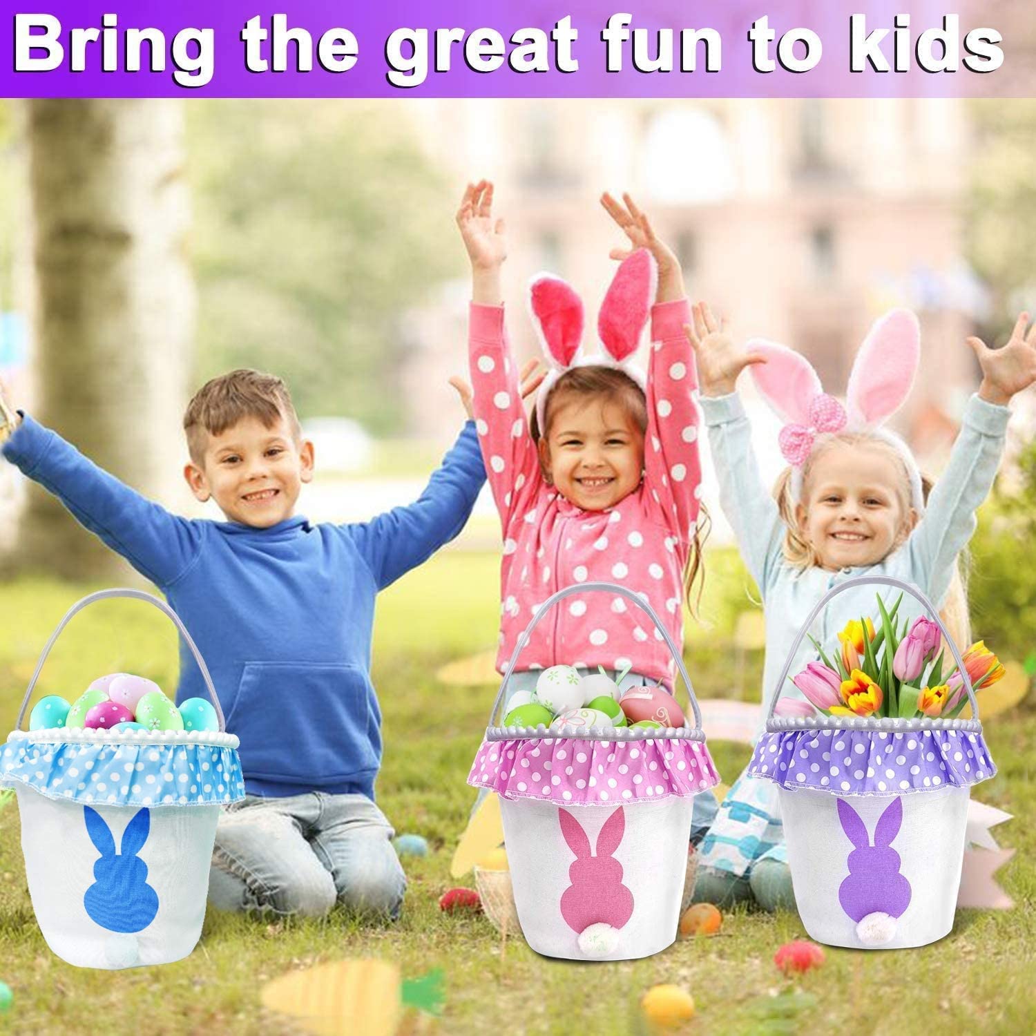 TOPLEE 3PCS Easter Baskets for Kids Canvas Bunny Basket Egg Bags Rabbit Fluffy Tails Eggs Hunt Bucket Easter Basket Stuffers for Girls Toddlers Easter Gifts Toys