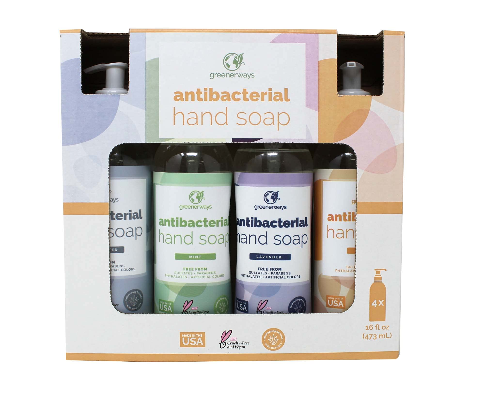 Greenerways Antibacterial Hand Soap | Made in USA | Citrus, Lavender, Mint & Unscented 4Pack | Sulfate-Free, Paraben-Free, Cruelty-Free, Vegan Hand Wash | 16 Fl Oz
