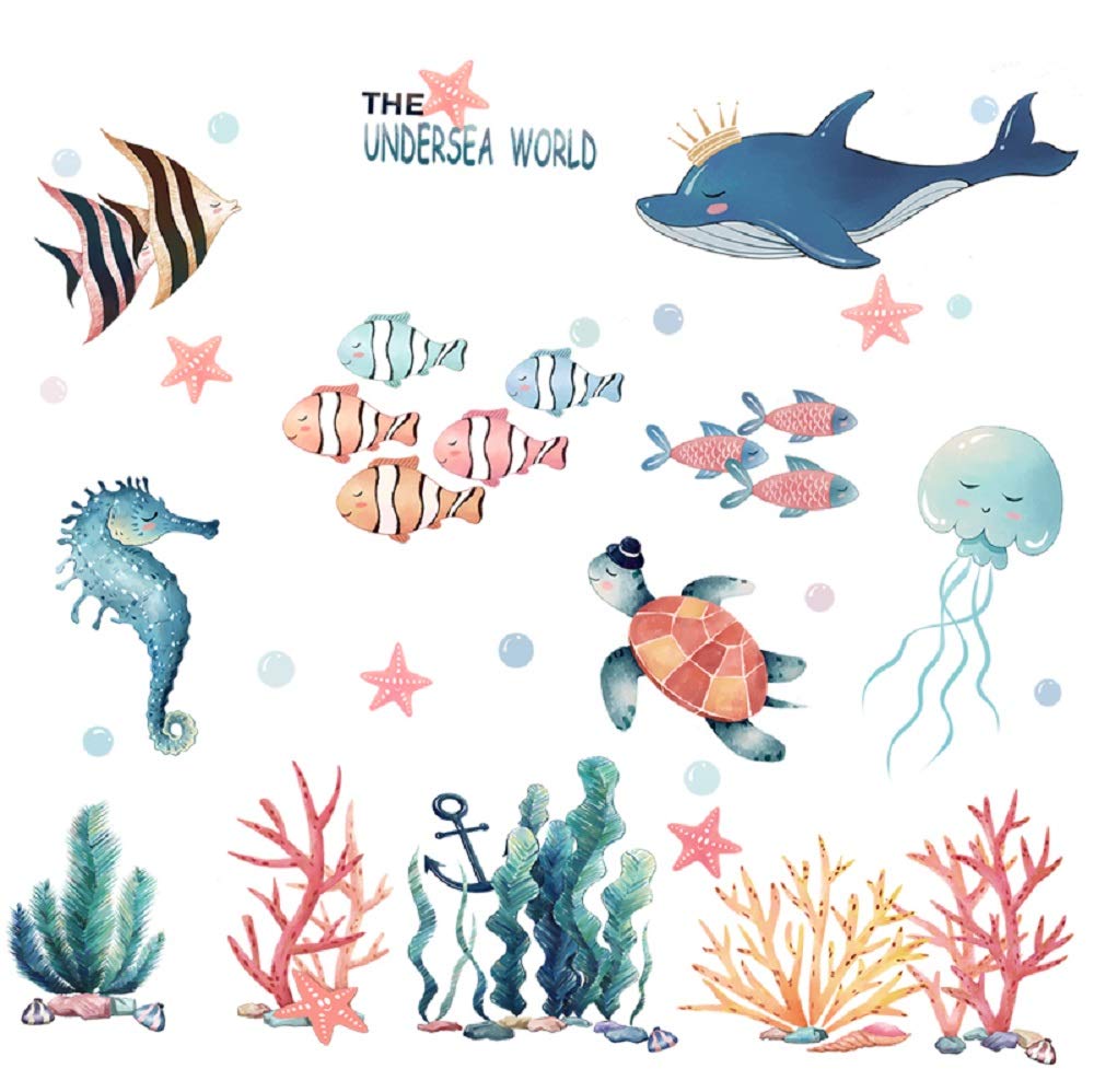 Amaonm Giant Removable 3D DIY Under The Sea World Wall Decals Ocean Animals Wall Stickers Ocean Fish Seahorse Coral Turtle Wall Decor for Girls Bedroom Kids Bathroom Home Walls Living Room Decoration