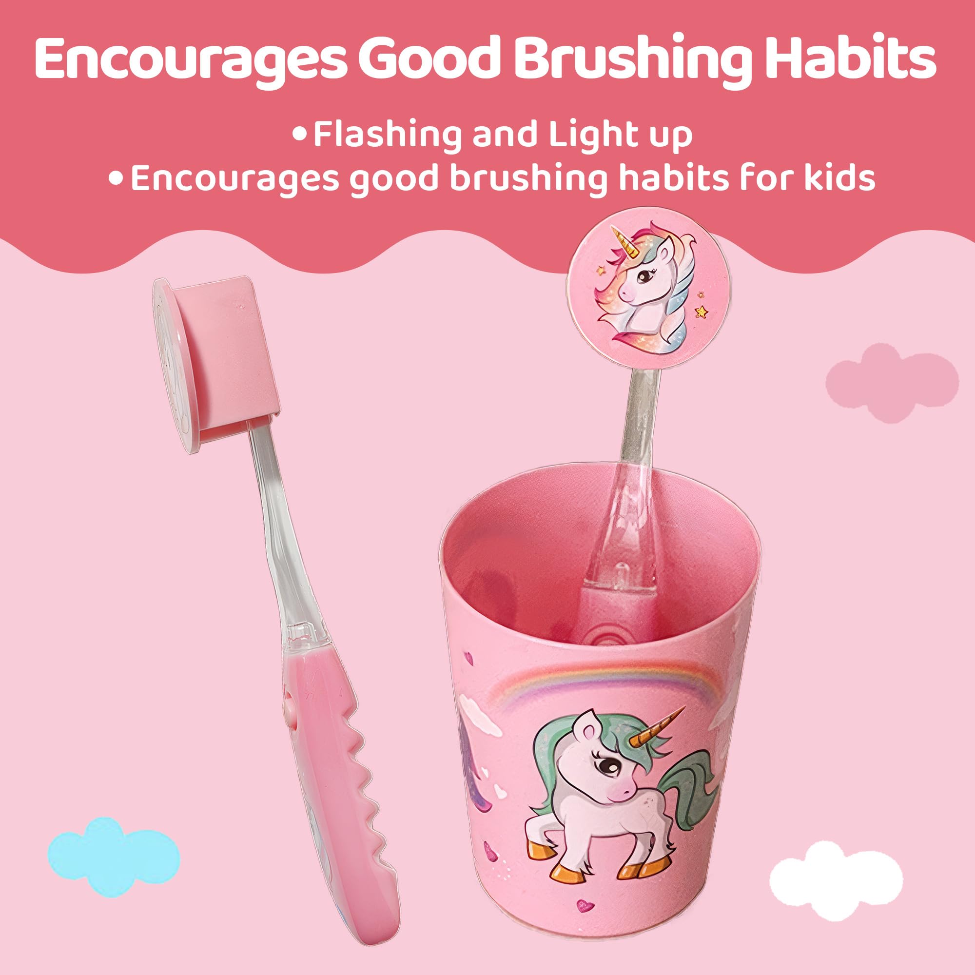 Lily's Home Kids Flashing Timer Toothbrush Kids with Soft Bristles, Rising Cup & Cover - Fun 2-Min Light-Up Brushing for Children - Toddler Toothbrush Soft Toothbrush Kit (Unicorn)
