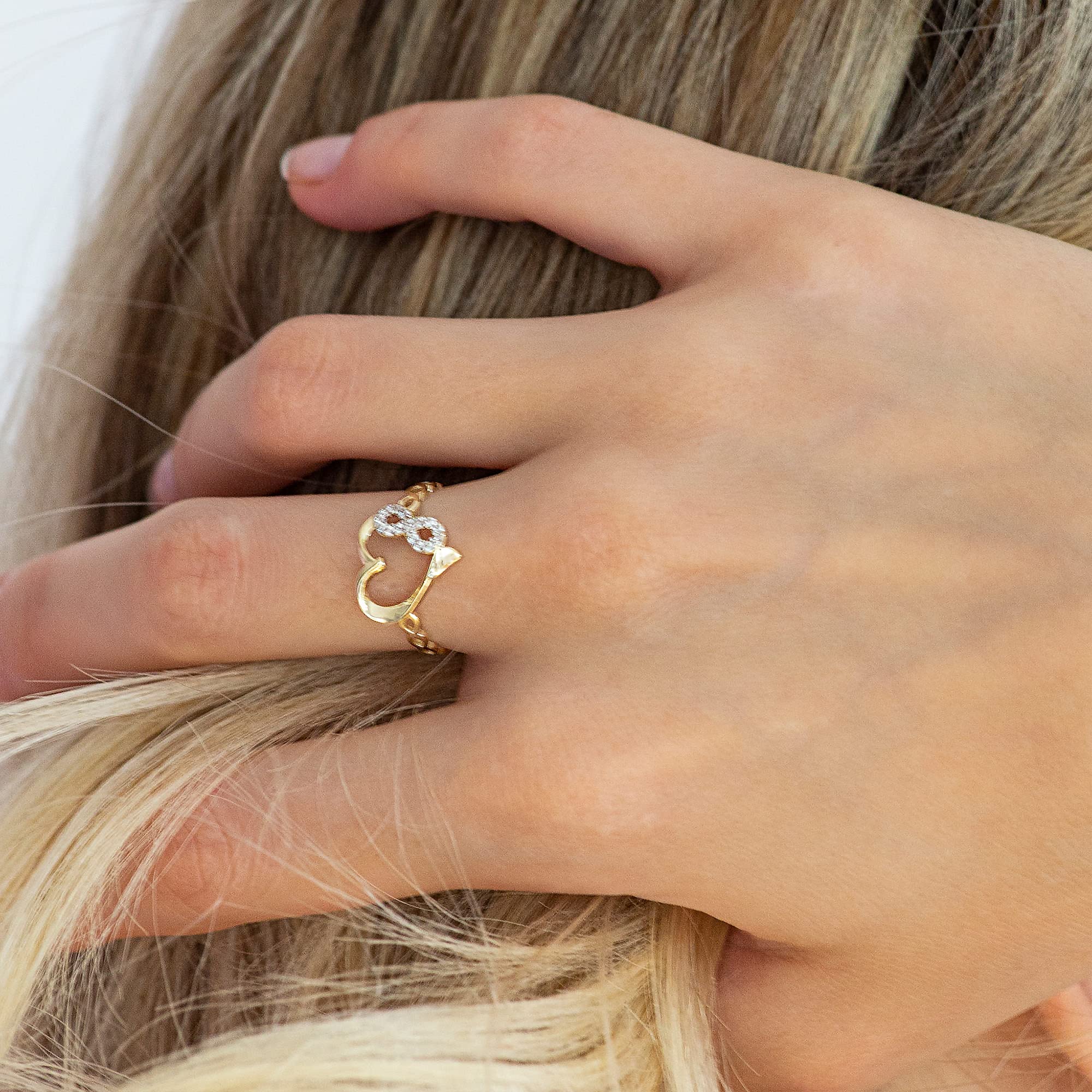 14K Solid Gold Cubic Zirconia Infinity on Heart Ring, Dainty and Elegant Love Gift Ring - Jewelry Gifts for Women- Available in Different Sizes- 14K Yellow Gold