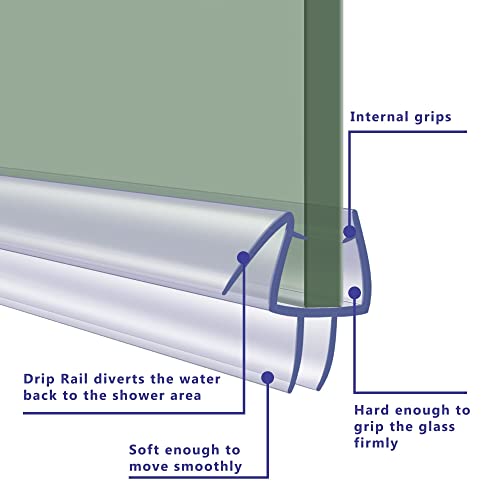 2-Pack Tarpuglider Shower Door Bottom Seal with Internal Grips and Sweep Strip - Frameless Glass Shower Door Seal Strip with Adjustable Length -Stop Shower Leaks -Clear Vinyl (3/8β (9-10 mm) x 39")