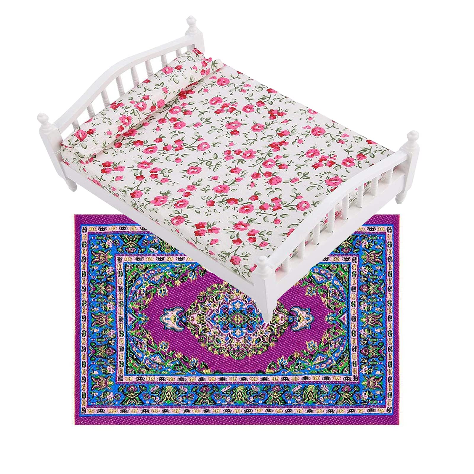 3Pcs Dollhouse Decoration Accessories, 1Pc Mini Dollhouse Furniture Bed and 2Pcs Miniature Carpet Turkey Rugs for Kids Gift